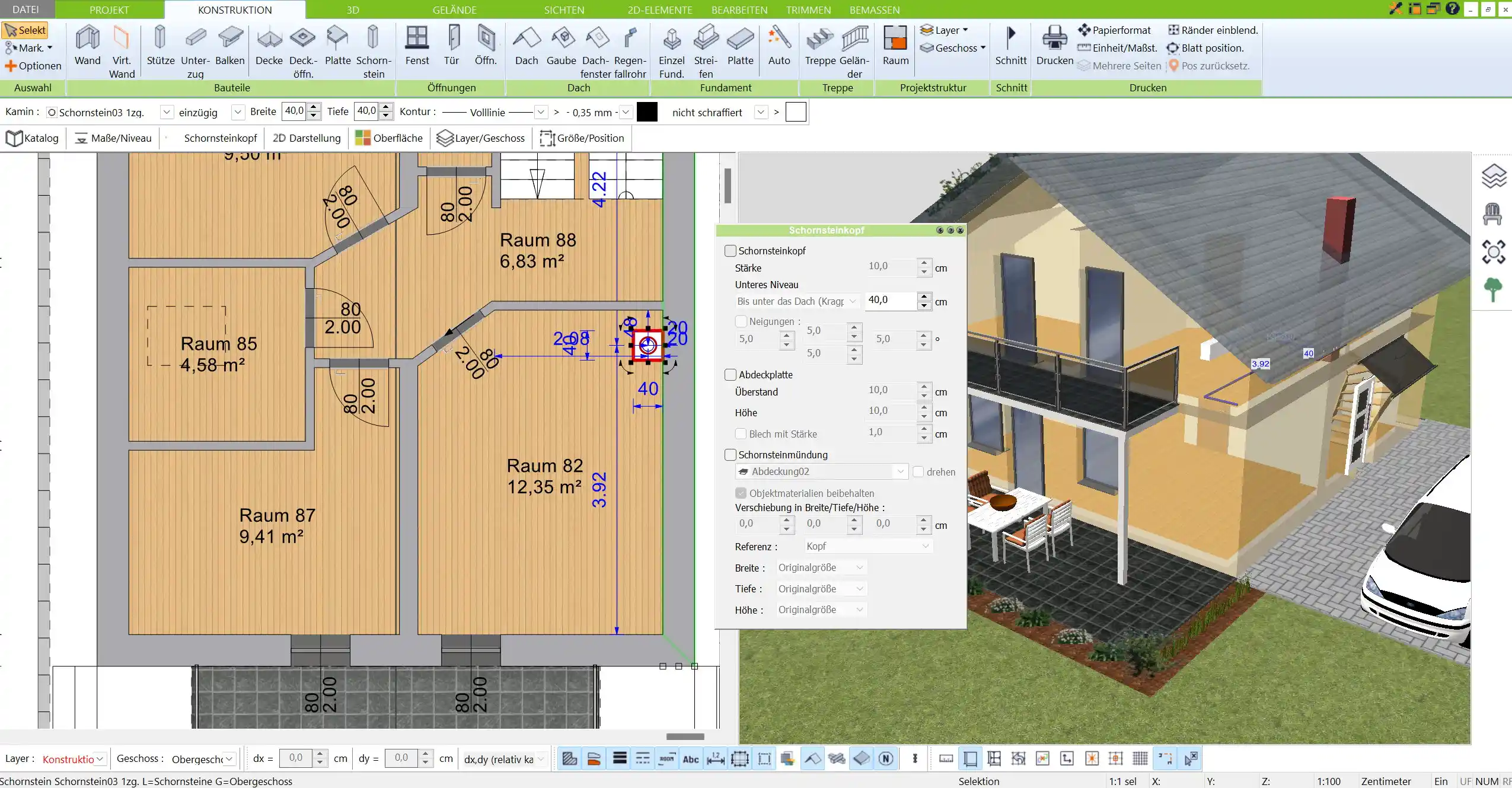 Schornstein zeichnen im Grundriss mit dem 3D Architekt von Immocado